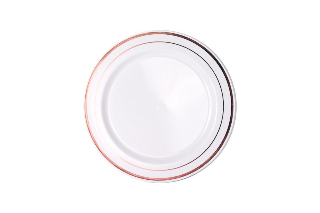 260mm Heavy Duty White Dinner Plate With Rose Gold Lining - Partyware ...